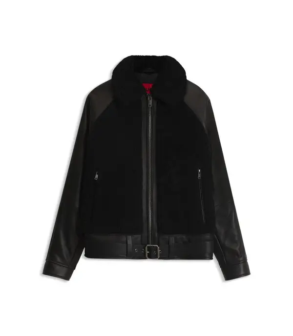 Hugo Belted Leather Jacket With Shearling Panels - Black