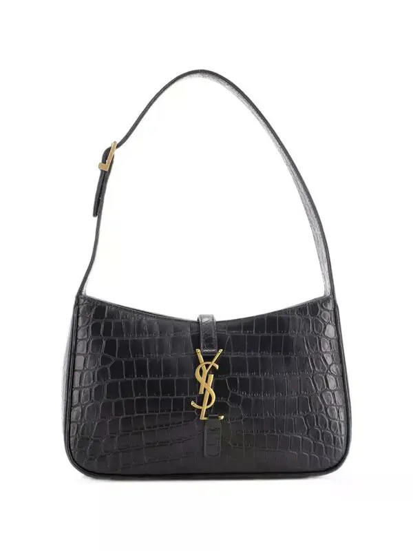 Saint Laurent Le 5 A 7 Crocodile Embossed Leather Small Hobo Bag - Black