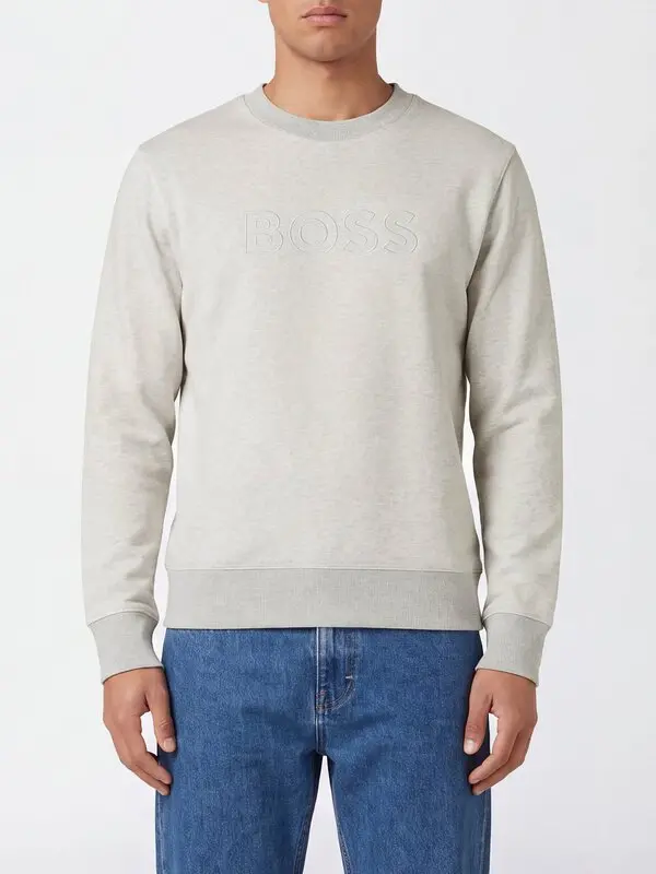 BOSS Crew-neck Cotton Jumper With Tone-on-tone Logo - Grey