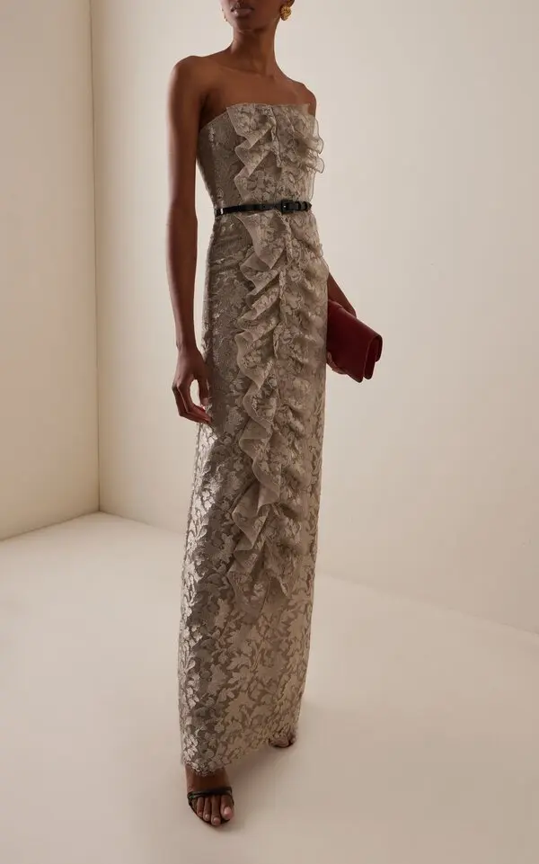 Carolina Herrera Strapless Lurex Floral Lace Gown