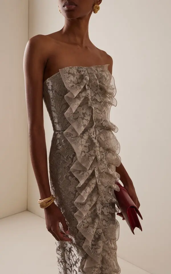 Carolina Herrera Strapless Lurex Floral Lace Gown