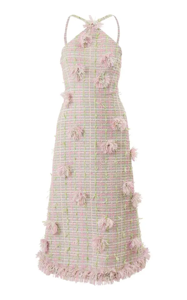 Carolina Herrera Embellished Grid Tweed Knee-length Dress