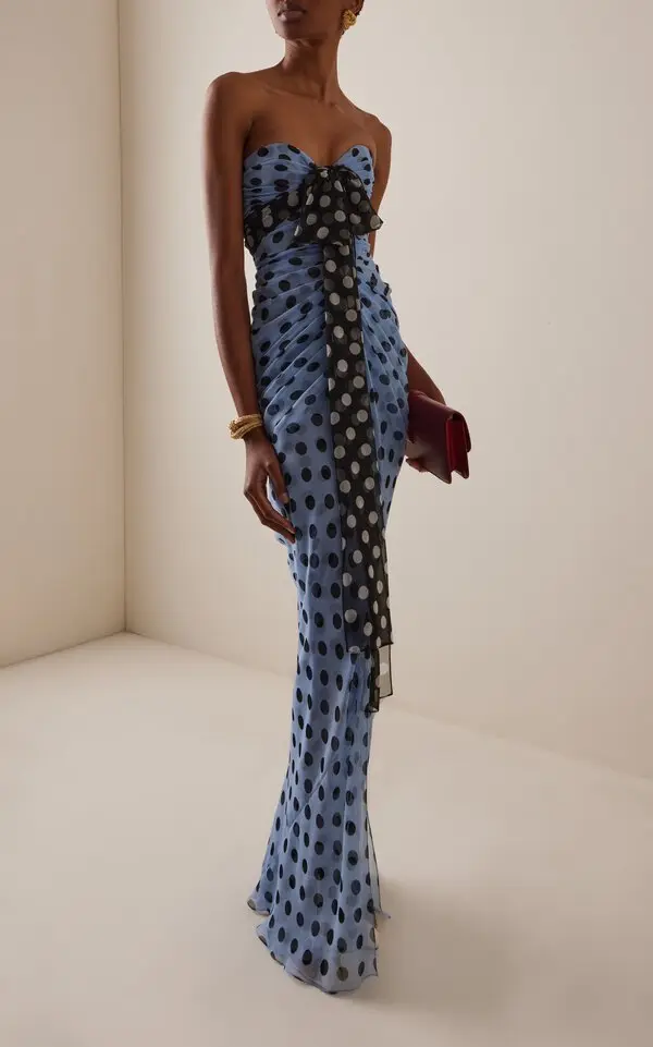 Carolina Herrera Strapless Dot Print Chiffon Gown