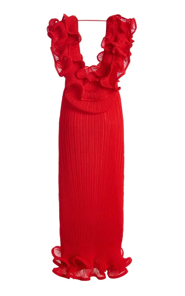 Carolina Herrera Ruffled V-neck Viscose Fine Knit Rib Dress