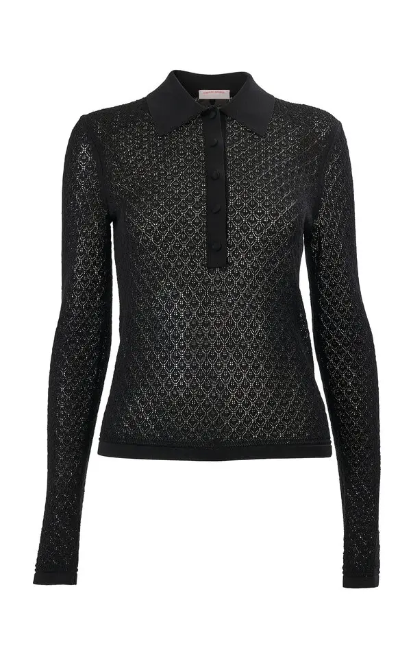 Carolina Herrera Long-sleeve Pointelle Stitch Knit Polo