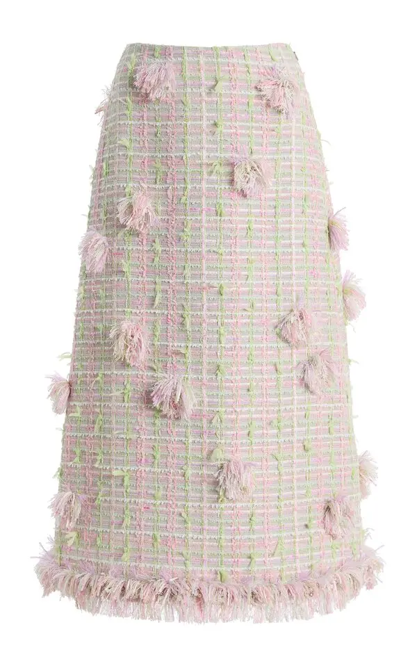 Carolina Herrera Embellished Grid Tweed Midi Skirt