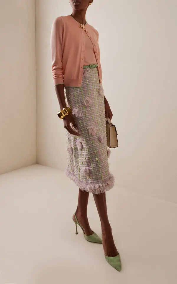 Carolina Herrera Embellished Grid Tweed Midi Skirt
