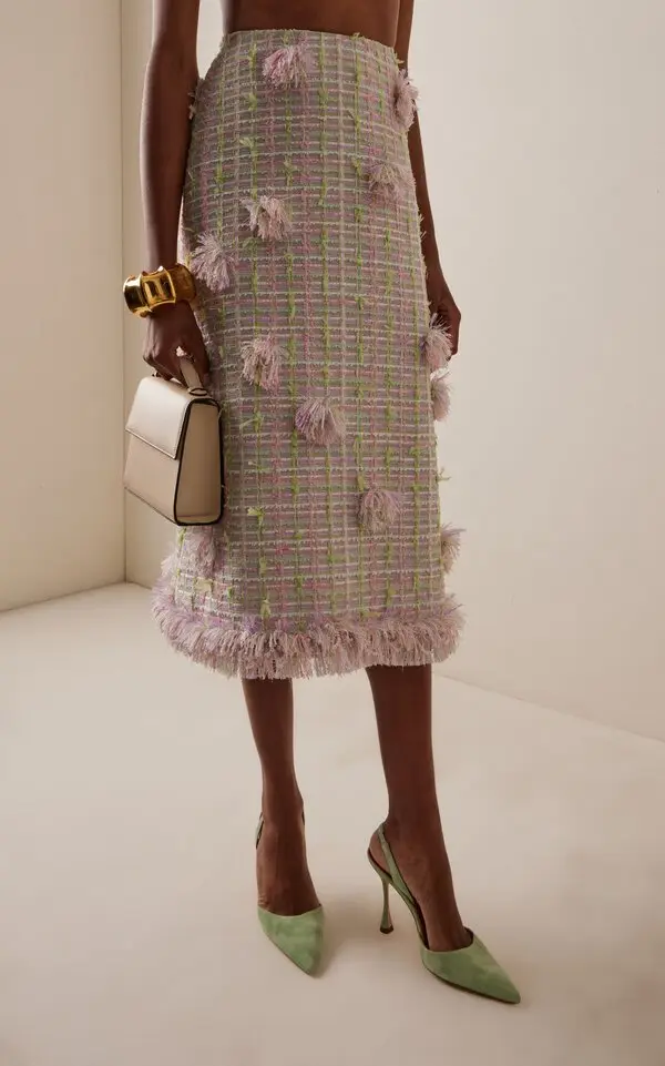 Carolina Herrera Embellished Grid Tweed Midi Skirt