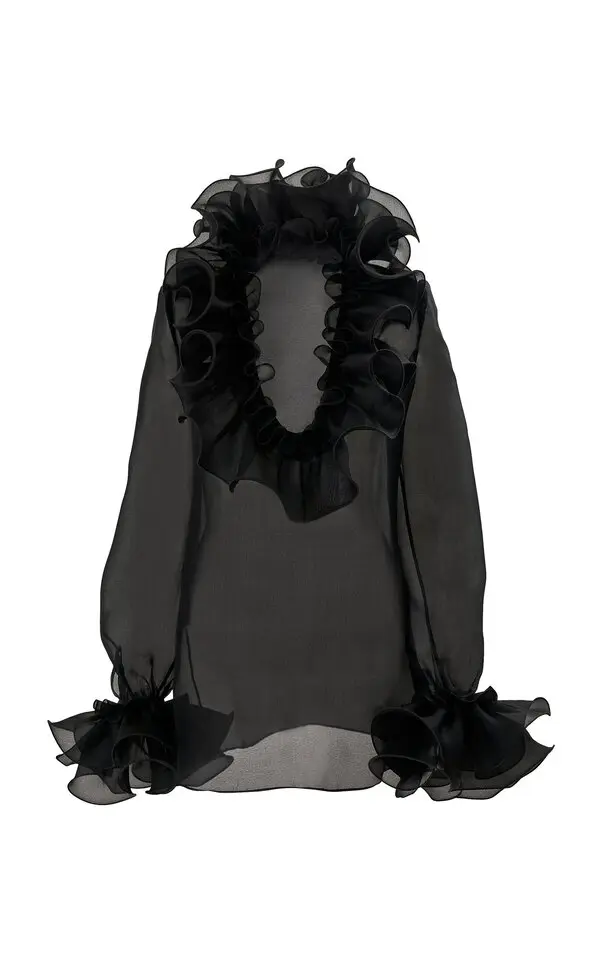 Carolina Herrera Ruffled U-neck Crepe Silk Organza Blouse