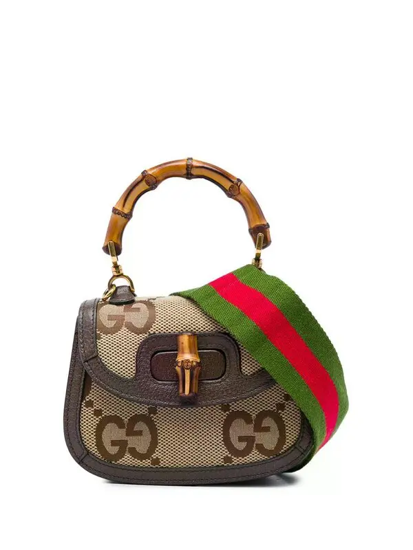 Gucci 2016-2026 Mini Jumbo Gg Canvas 1947 Bamboo Top Handle Bag Satchel - Neutrals