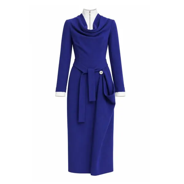 JULIA ALLERT Two-tone Asymmetric Draped High-neck Midi Dress