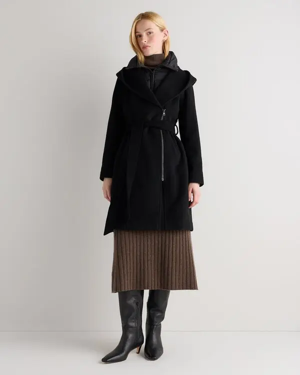 Quince Wool Cashmere Hooded Wrap Coat With Removable Down Bib - Black