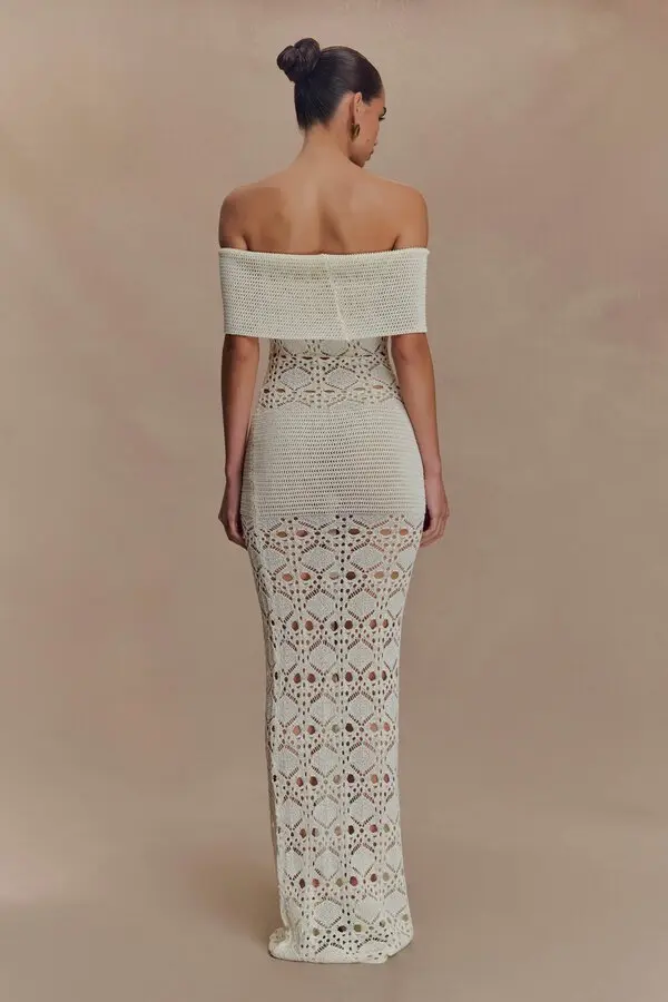 Meshki Solstice Off Shoulder Crochet Knit Maxi Dress