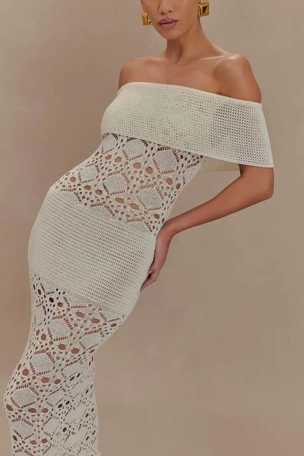 Meshki Solstice Off Shoulder Crochet Knit Maxi Dress
