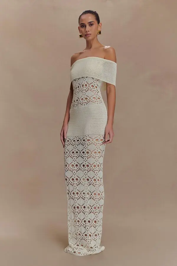 Meshki Solstice Off Shoulder Crochet Knit Maxi Dress