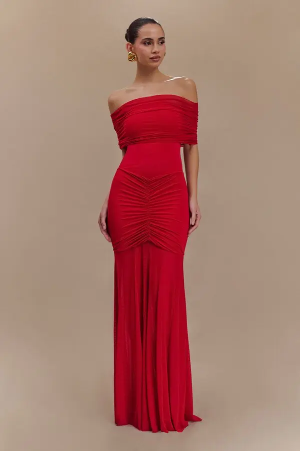 Meshki Caspian Slinky And Mesh Off Shoulder Maxi Dress