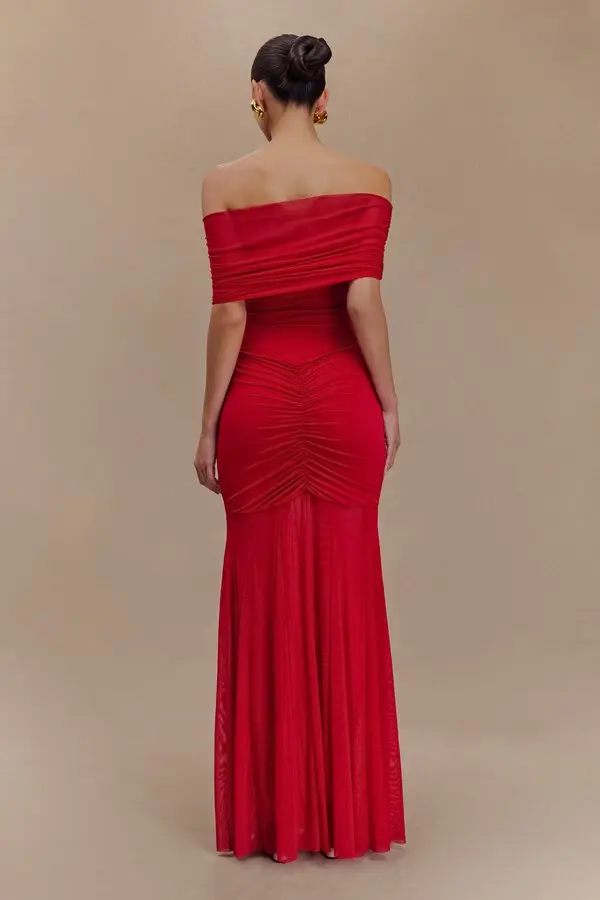Meshki Caspian Slinky And Mesh Off Shoulder Maxi Dress