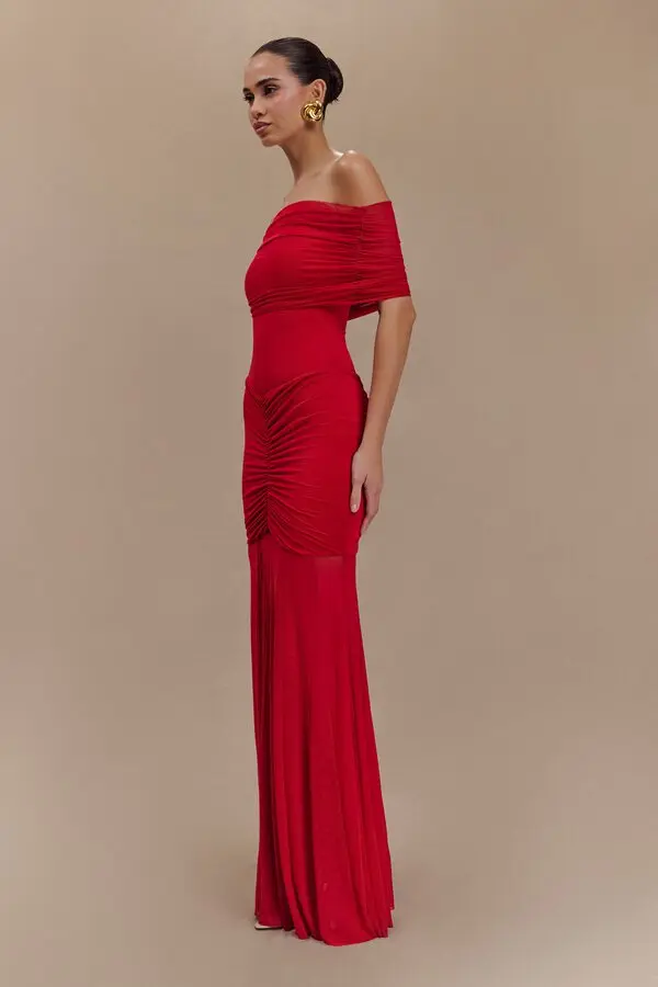 Meshki Caspian Slinky And Mesh Off Shoulder Maxi Dress