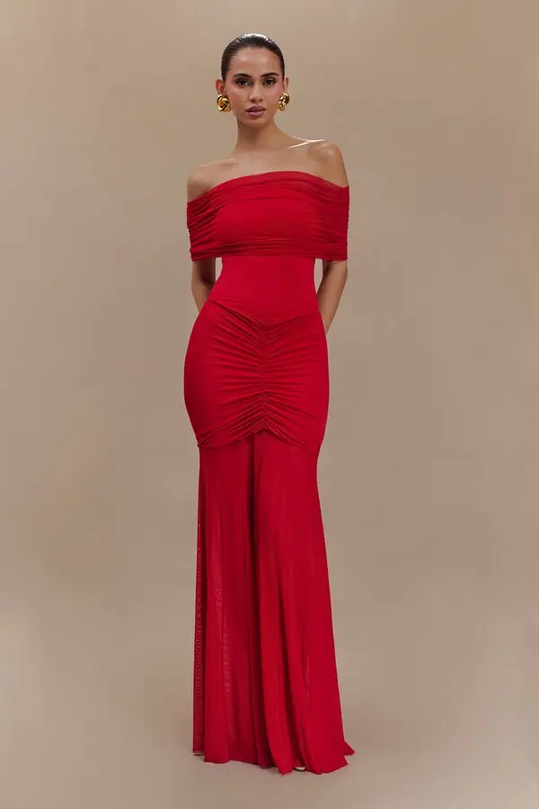 Meshki Caspian Slinky And Mesh Off Shoulder Maxi Dress