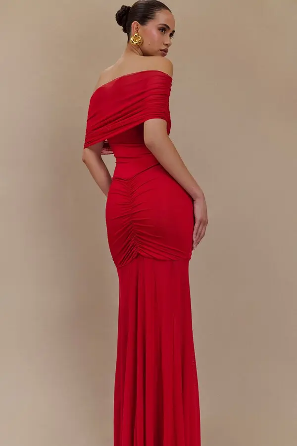 Meshki Caspian Slinky And Mesh Off Shoulder Maxi Dress