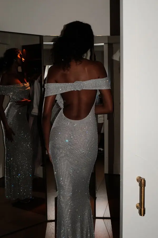 Meshki Arna Off Shoulder Diamante Maxi Dress - Silver