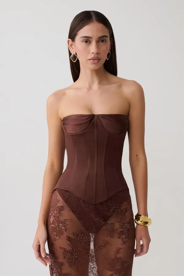 Meshki Nicolla Satin Strapless Corset - Brown