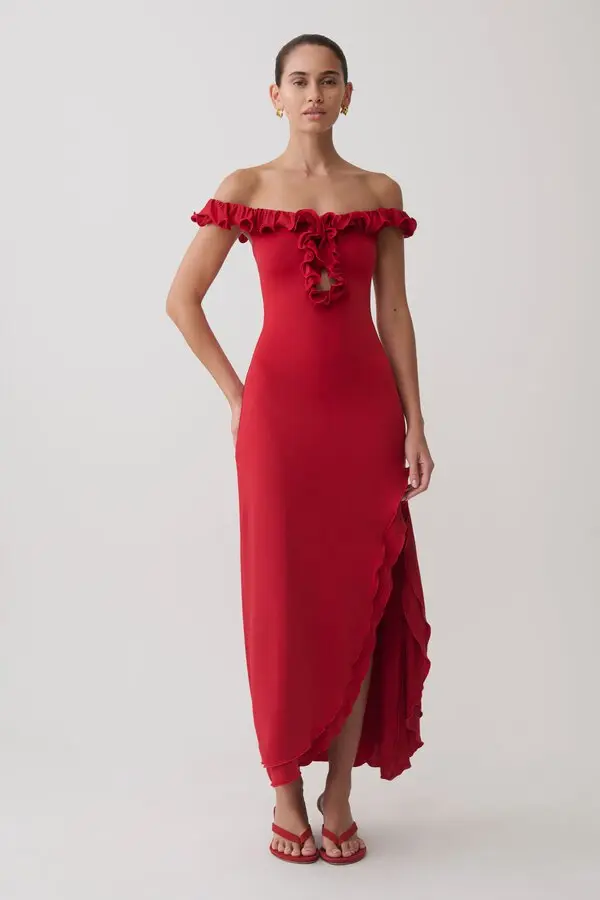 Meshki Allegra Off Shoulder Ruffle Midi Dress