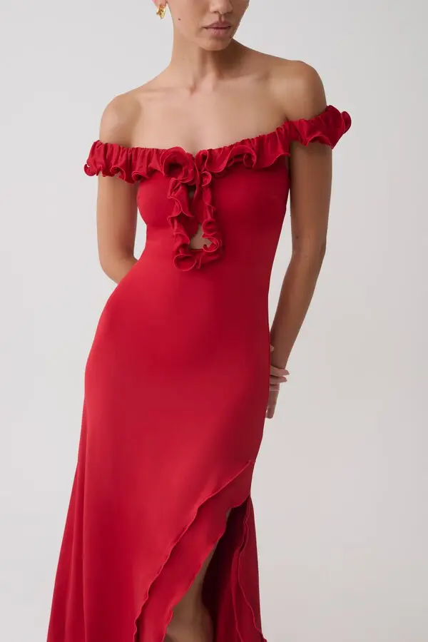 Meshki Allegra Off Shoulder Ruffle Midi Dress