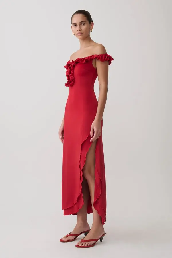Meshki Allegra Off Shoulder Ruffle Midi Dress