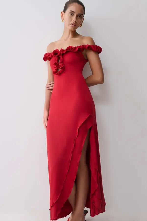 Meshki Allegra Off Shoulder Ruffle Midi Dress