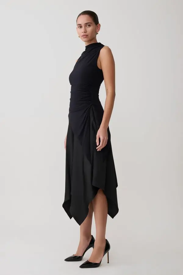Meshki Coralie Asymmetric Satin Midi Skirt - Black