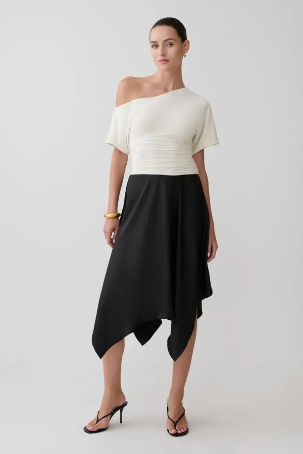 Meshki Coralie Asymmetric Satin Midi Skirt - Black