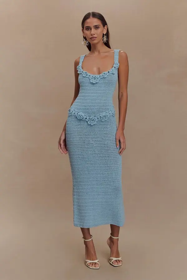 Meshki Teagan Floral Hand Crochet Midi Dress - Blue