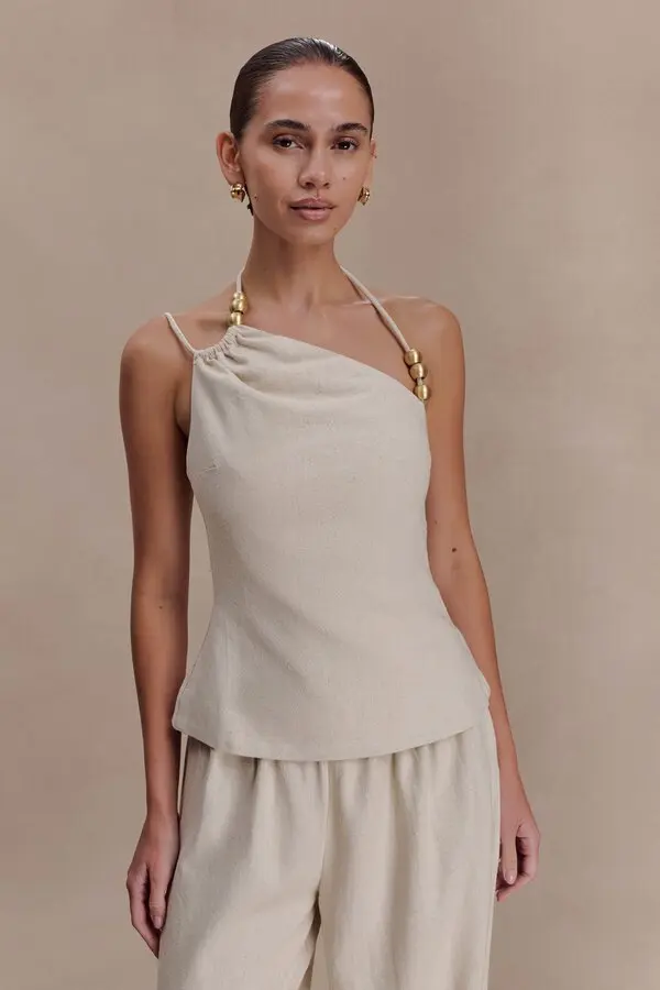 Meshki Gabby Asymmetrical Neckline Linen Beaded Top