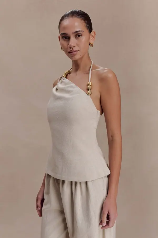 Meshki Gabby Asymmetrical Neckline Linen Beaded Top