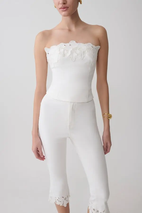Meshki Tillie Flower Embroidery Strapless Denim Top - White