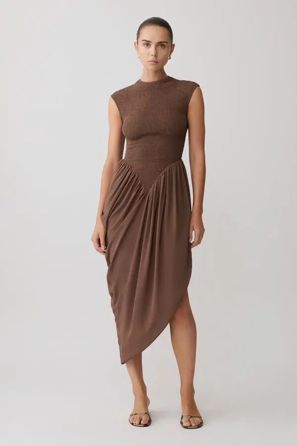 Meshki Nola Shirred Asymmetric Midi Dress
