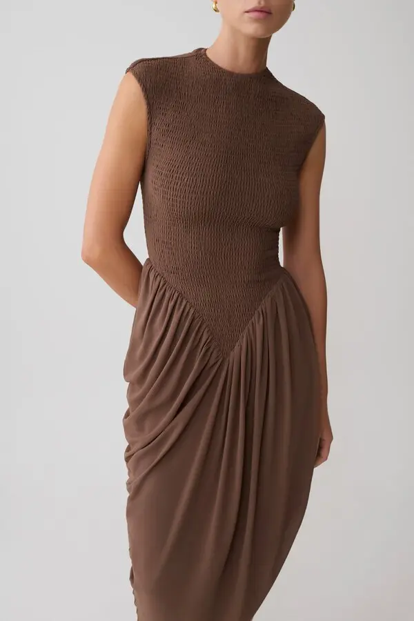 Meshki Nola Shirred Asymmetric Midi Dress