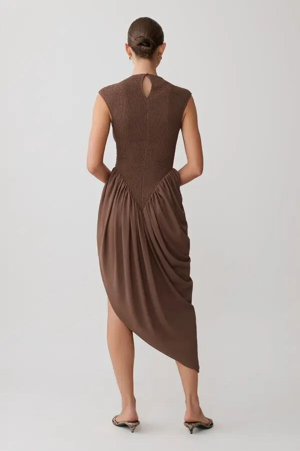 Meshki Nola Shirred Asymmetric Midi Dress