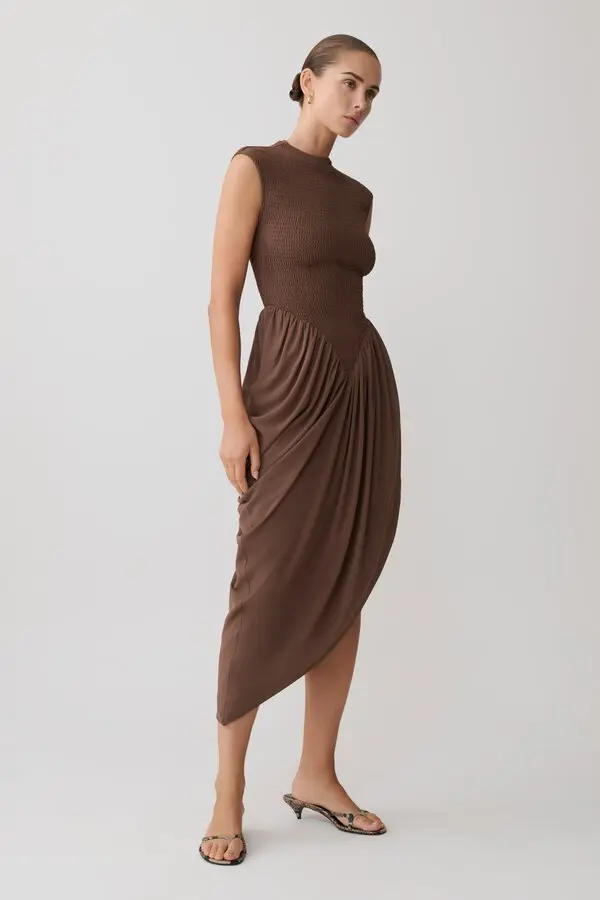 Meshki Nola Shirred Asymmetric Midi Dress