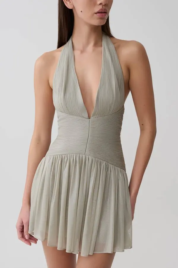Meshki Lucille Halter Pleated Mini Dress - Silver