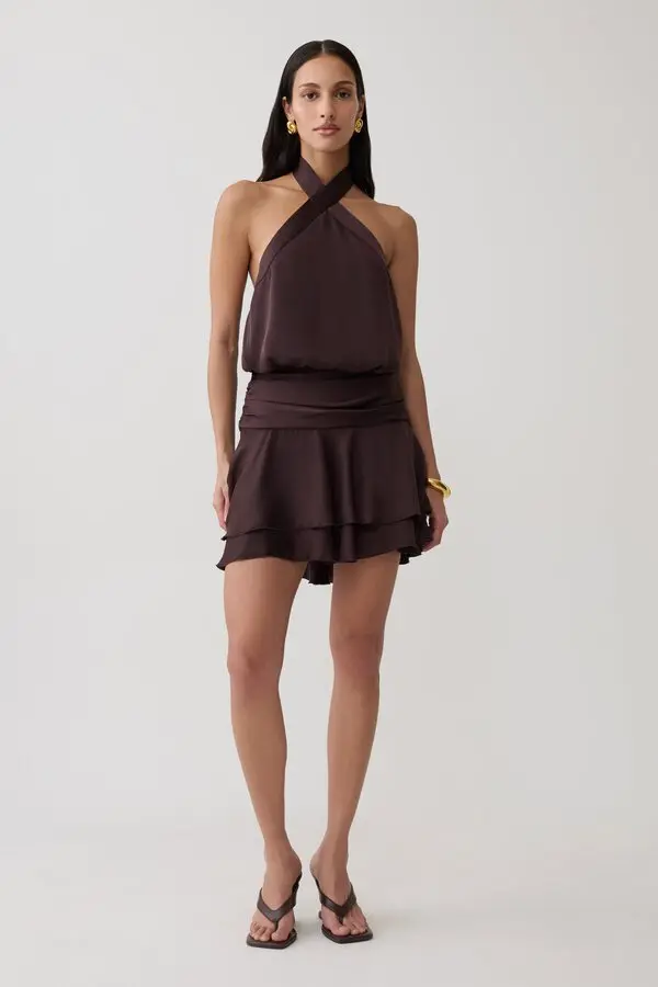 Meshki Poppy Satin Halter Mini Dress - Brown