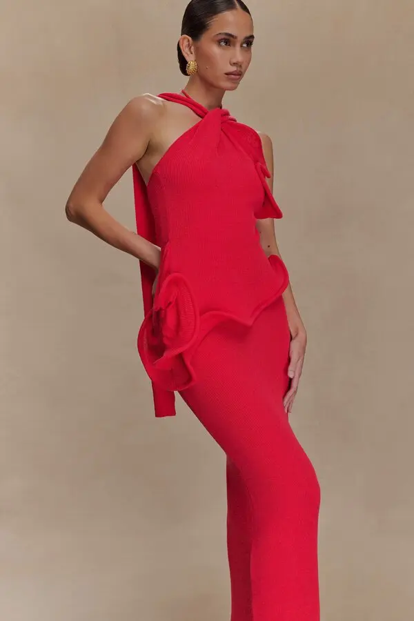 Meshki Caprice Halter Knit Maxi Dress - Red