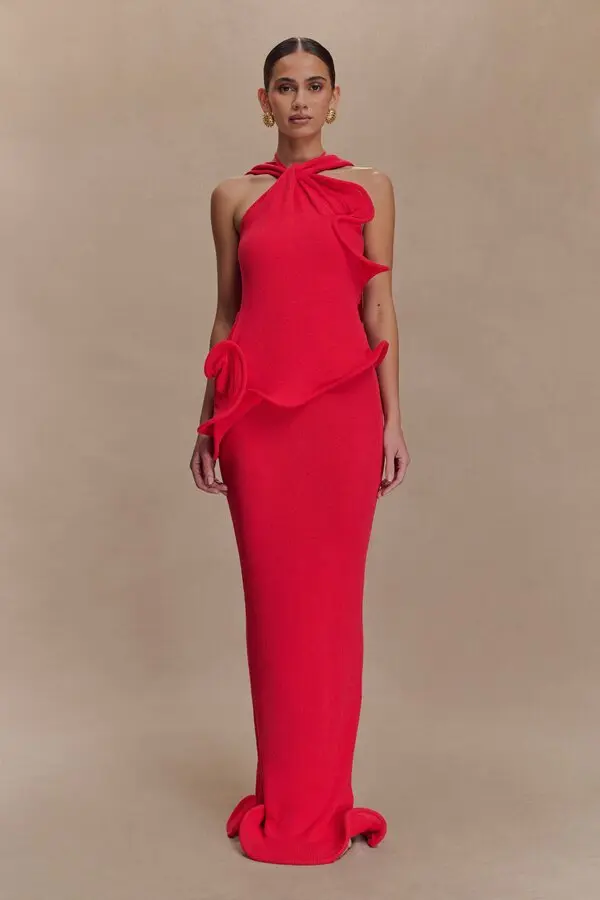 Meshki Caprice Halter Knit Maxi Dress - Red