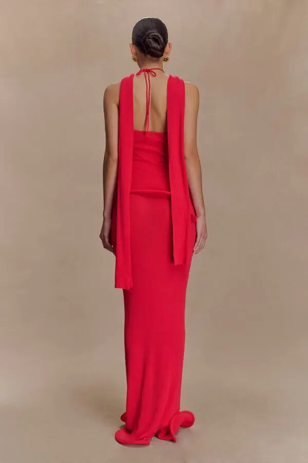 Meshki Caprice Halter Knit Maxi Dress - Red