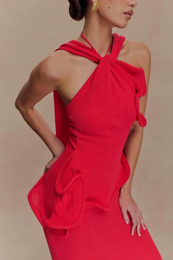 Meshki Caprice Halter Knit Maxi Dress - Red
