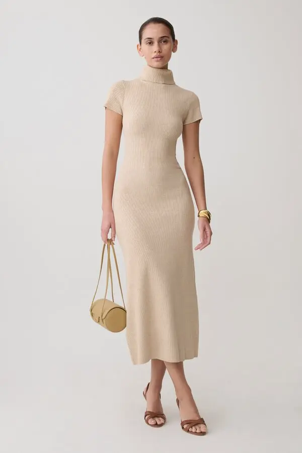 Meshki Goldie High Neck Knit Midi Dress - Camel