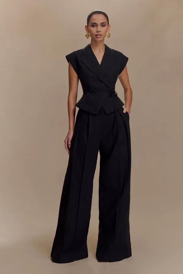 Meshki Raya Mid Rise Wide Leg Linen Pant - Black