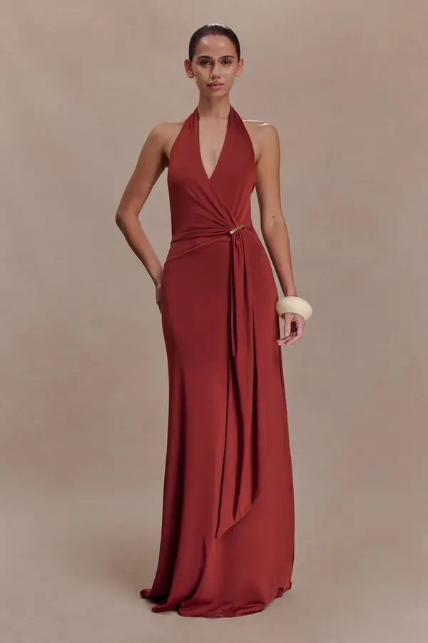 Meshki Veda Slinky Halter Maxi Dress - Russet