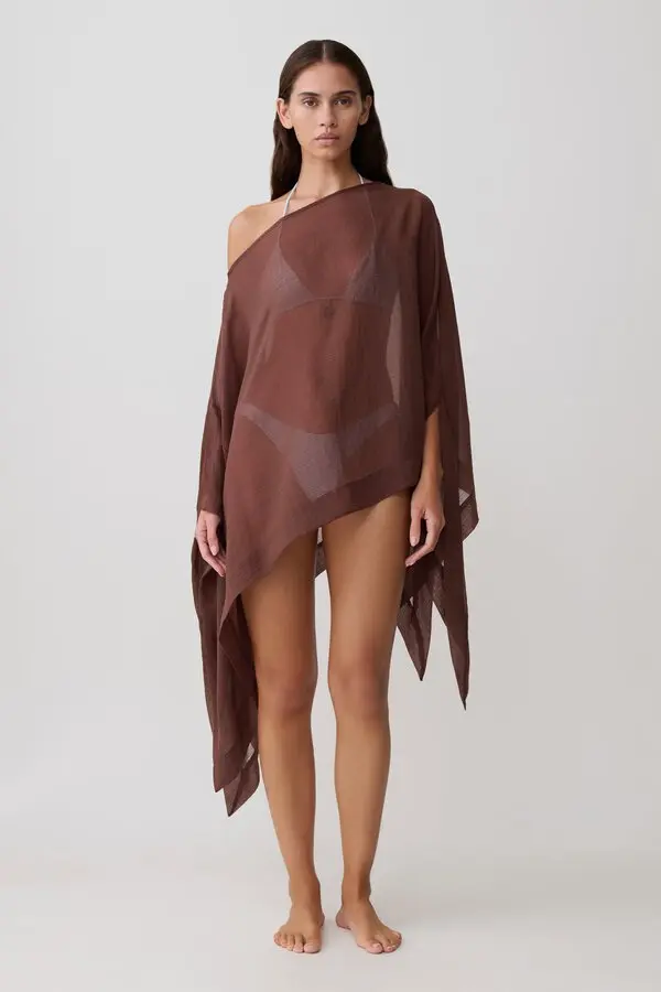 Meshki Leilani Sheer Draped Asymmetric Top - Chocolate